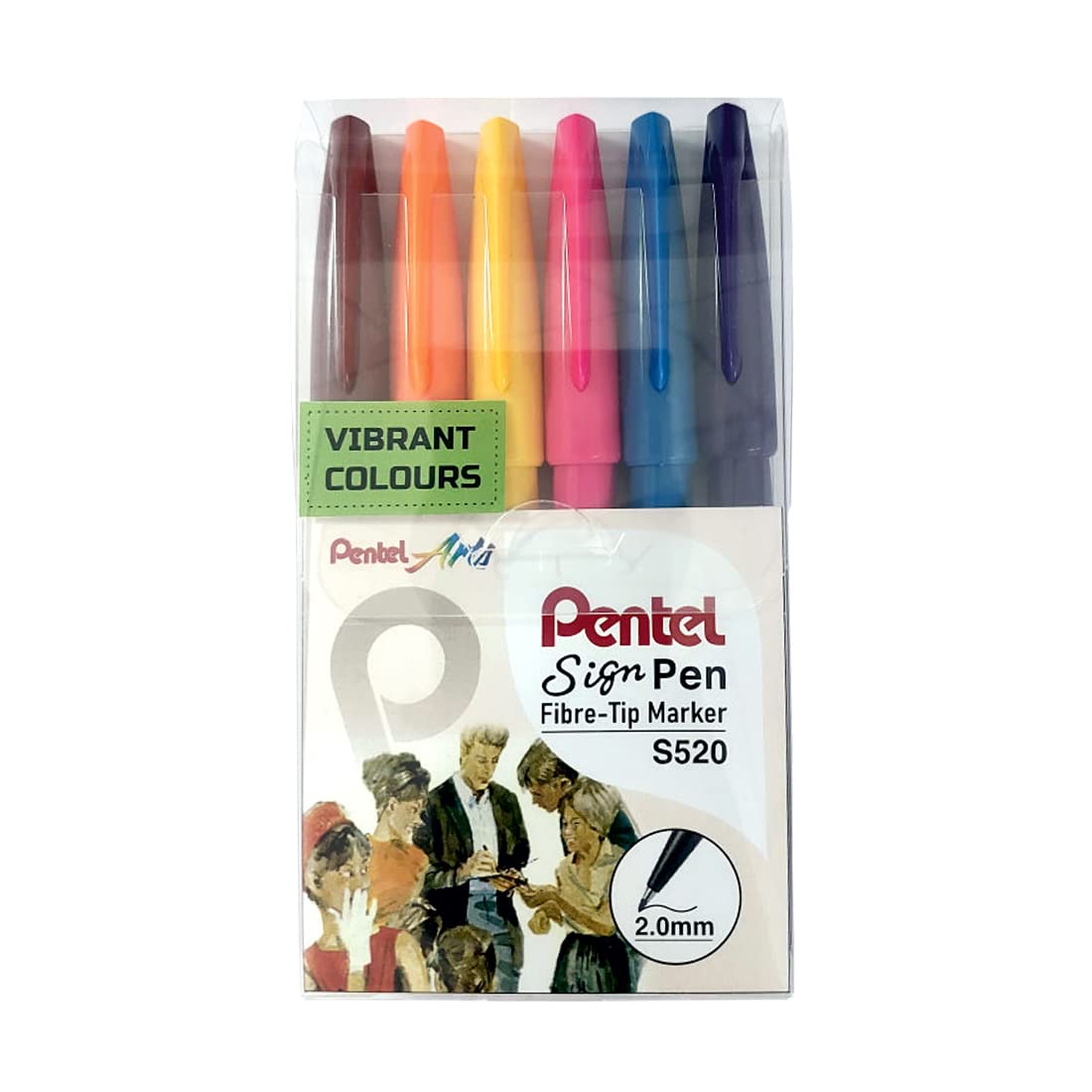htconline.in| Pentel Sign Pen Fibre Tip Marker - Set of 6 (Vibrant Colours)